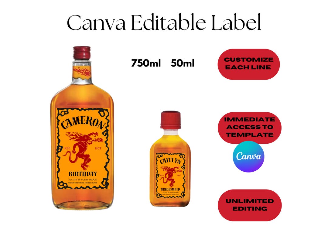 Custom Birthday Fireball Label, 750ml 50 Ml Canva Template Personalize ...