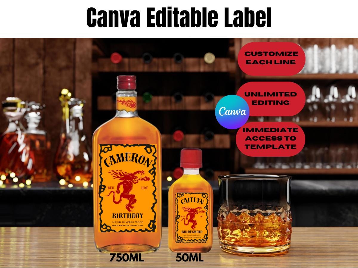 Canva Template Birthday Fireball Label, 750ml 50 Ml Custom Personalize ...