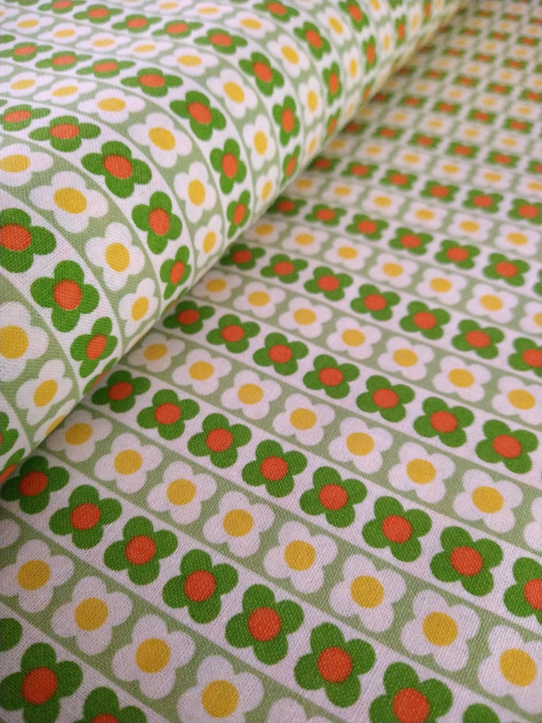 Koko Seki Fabric - Daisy Rows - Green, Yellow & Orange - 70's Fashion ...
