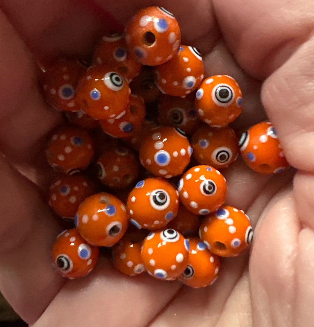 10 Beads, 9mm to 10mm, Vintage Evil Eye Beads, Orange Evil Eye Beads ...