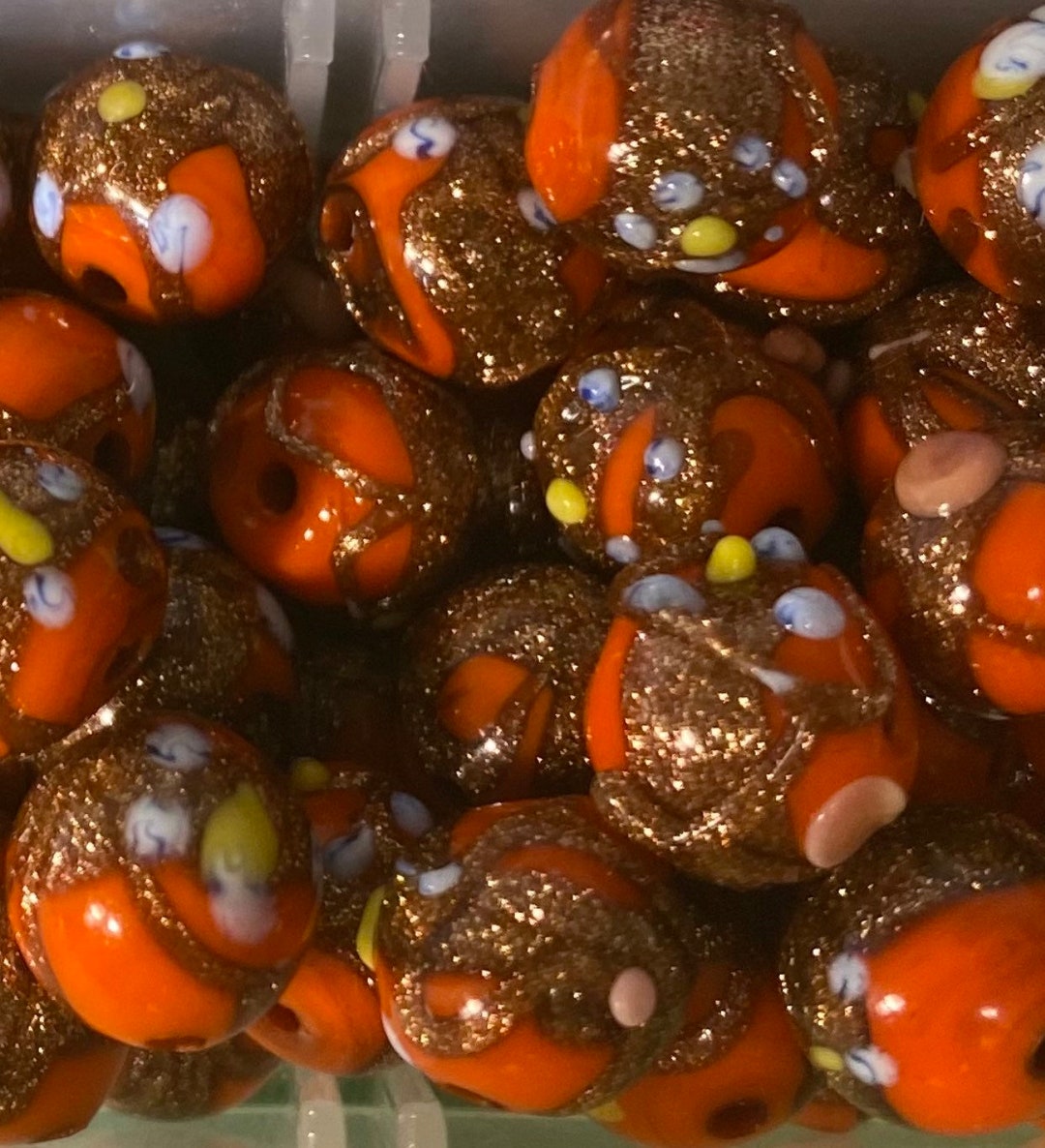 6 Beads 9mm Vintage Venetian Art Deco Wedding Cake Beads; Orange ...