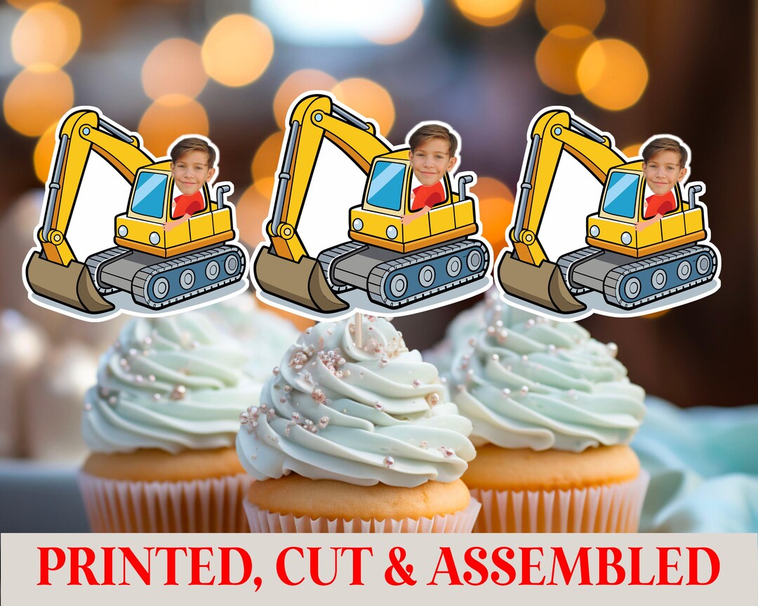 Excavator Cupcake Topper With Face, Excavator Party Decoration ...