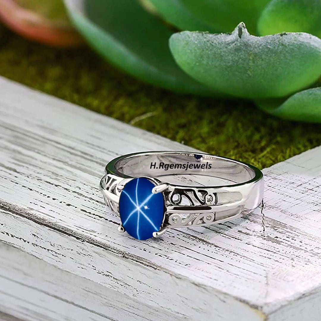 Blue Star Sapphire Ring, Women Blue Star Sapphire Ring, Bridal Ring ...