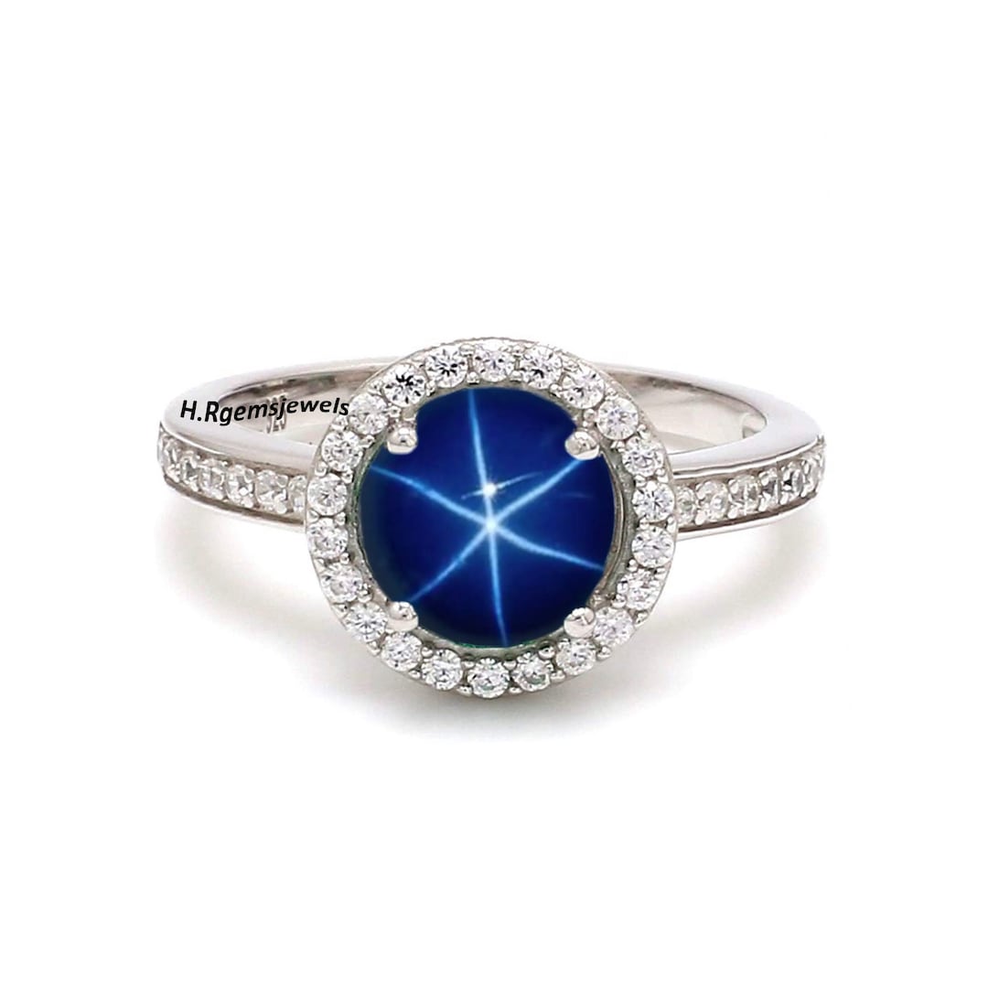 Blue Star Sapphire Ring, Lindy Star Women Ring, 925 Sterling Silver ...