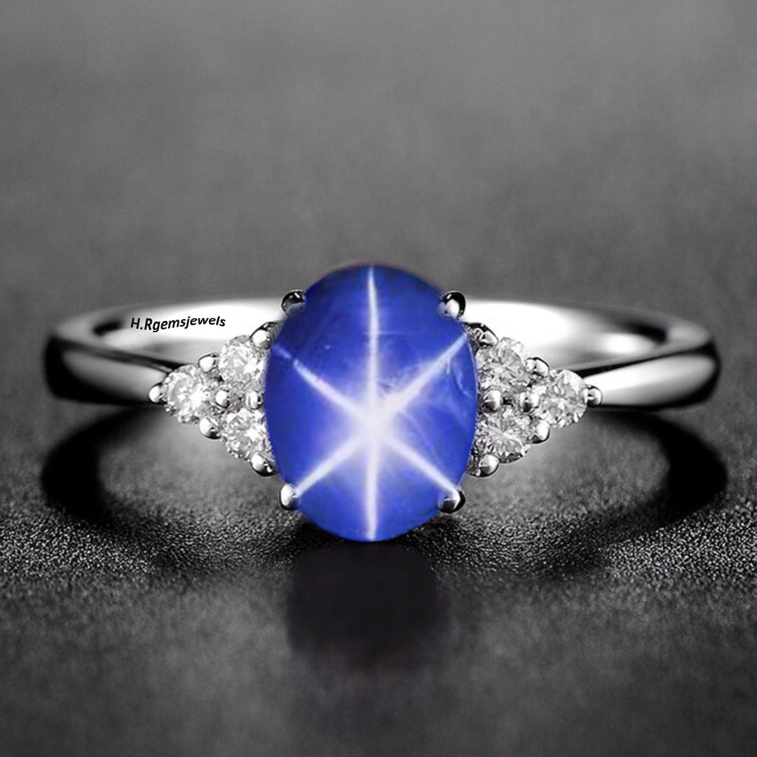 Blue Star Sapphire Ring: Art Deco 925 Sterling Silver Lindy Bridal Ring ...