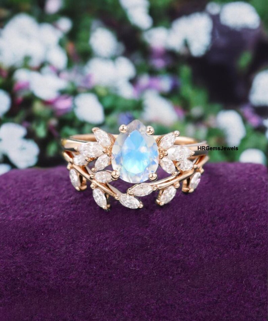 Pear Moonstone Ring: Rose Gold Leaf Sterling Silver Engagement Ring - Etsy