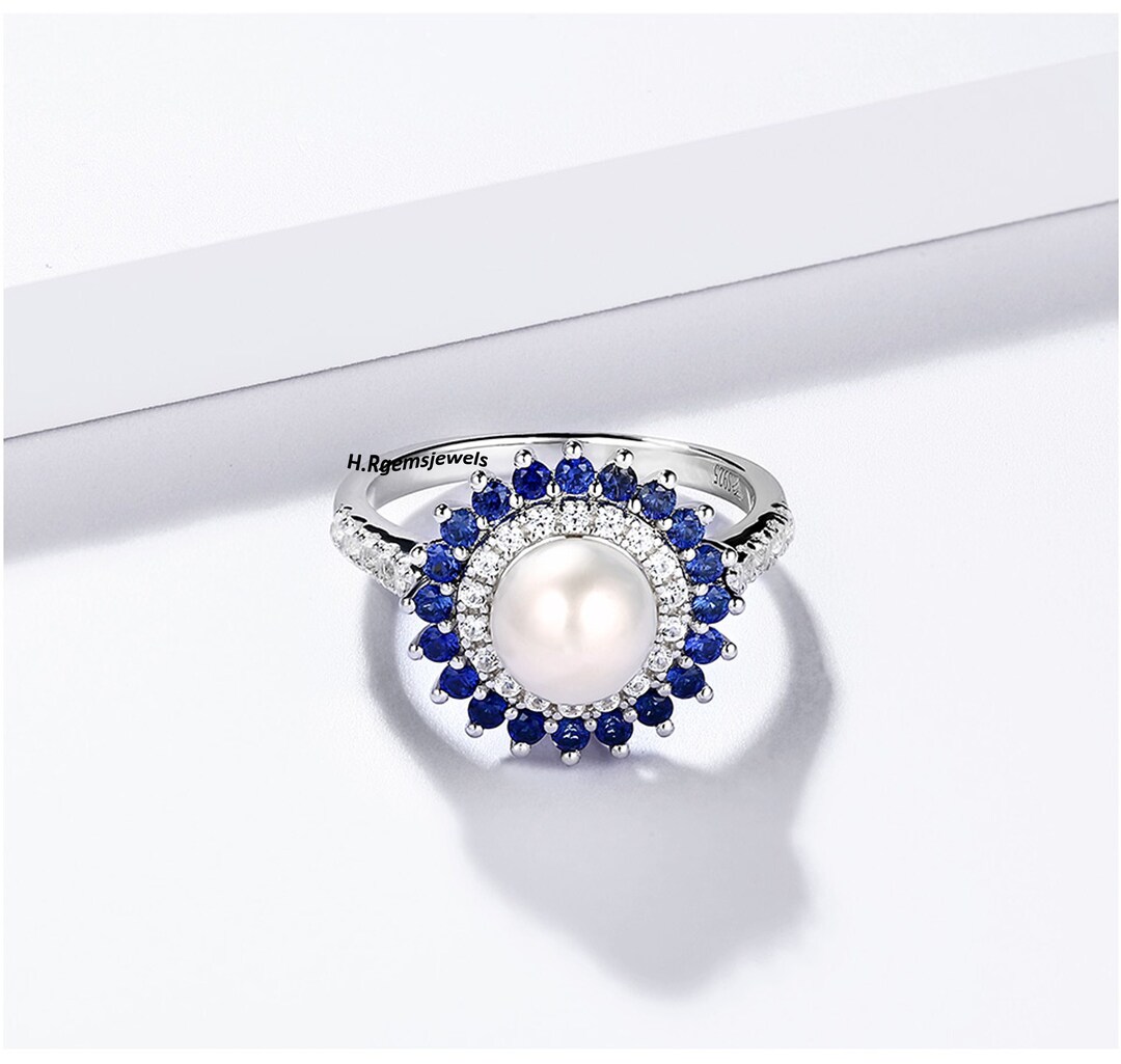 Blue Sapphire Ring, Pearl Silver Ring, Bridal Ring, 925 Sterling Silver ...