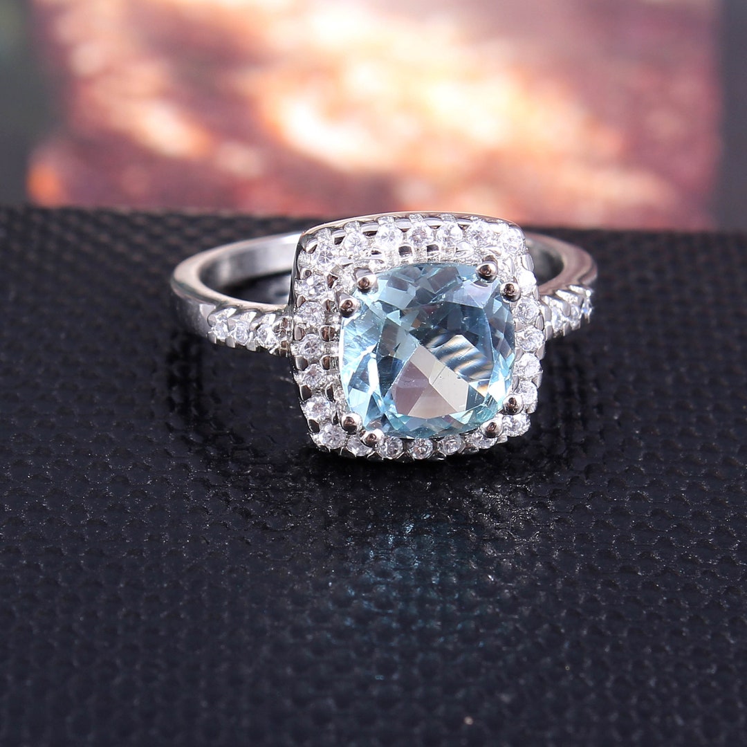 Cushion Cut Blue Topaz Ring, Wedding & Engagement Blue Topaz Women Ring ...