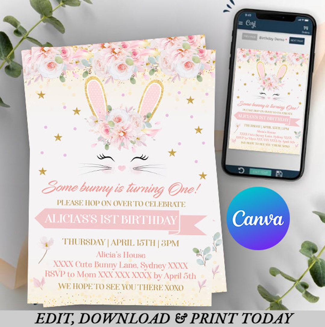 Cute Bunny Rabbit Birthday Invitation, Blush Pink Gold Floral Easter ...