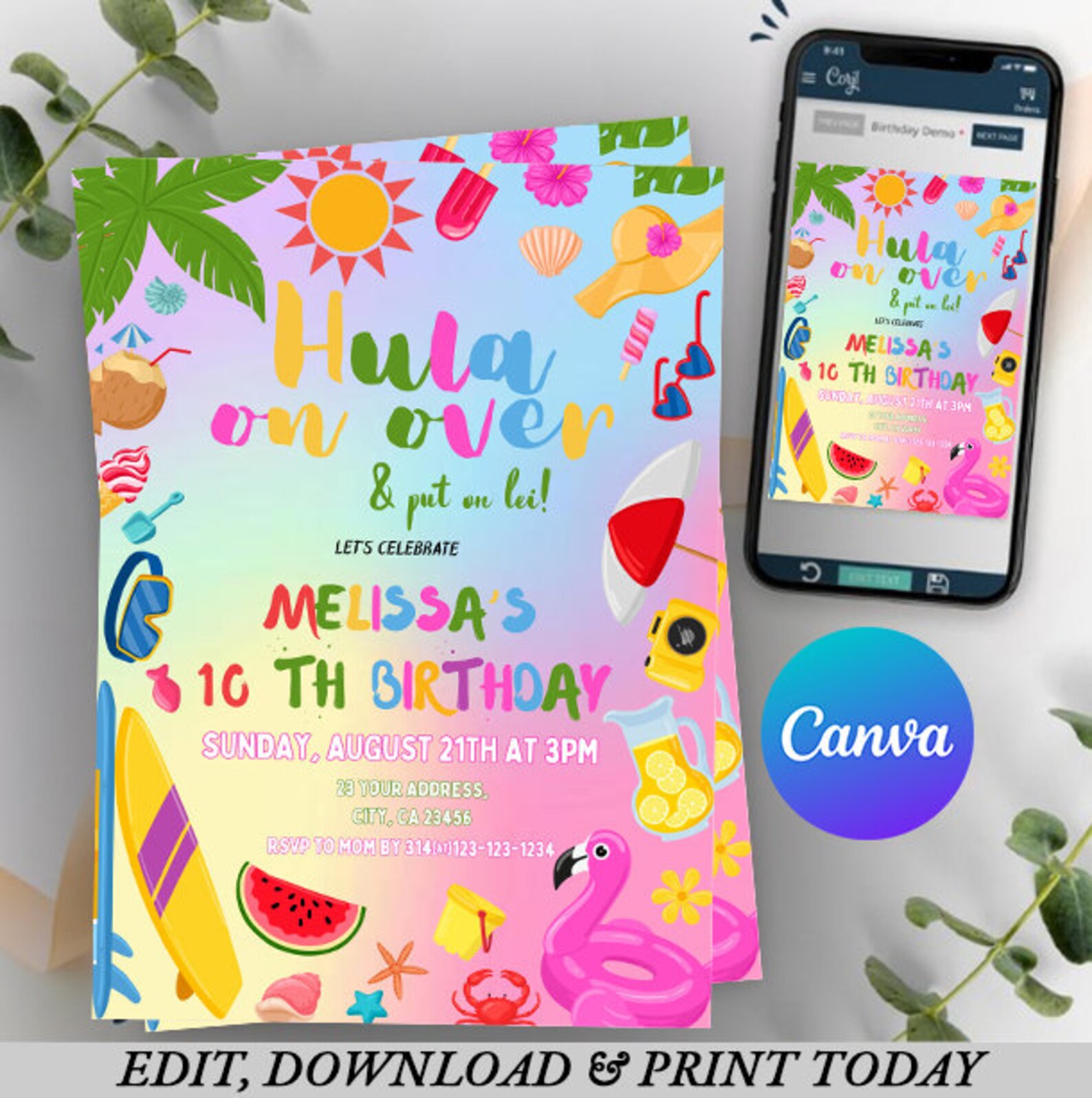 Hula on Over Birthday Invitation for Girls, Colorful Tropical Luau ...