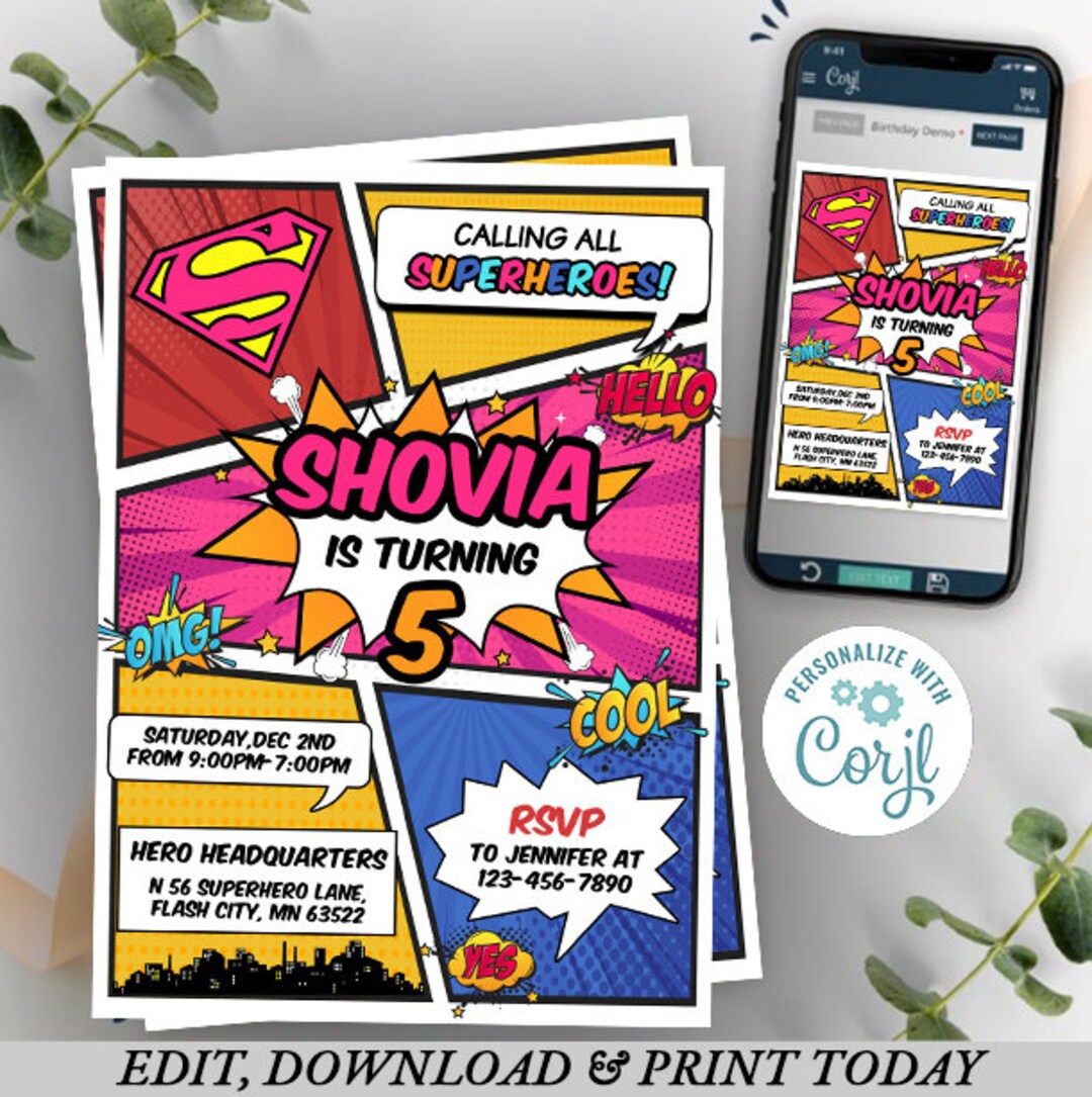Girl Superhero Invitation, Girl Superhero Comic Birthday Invite, Girl ...