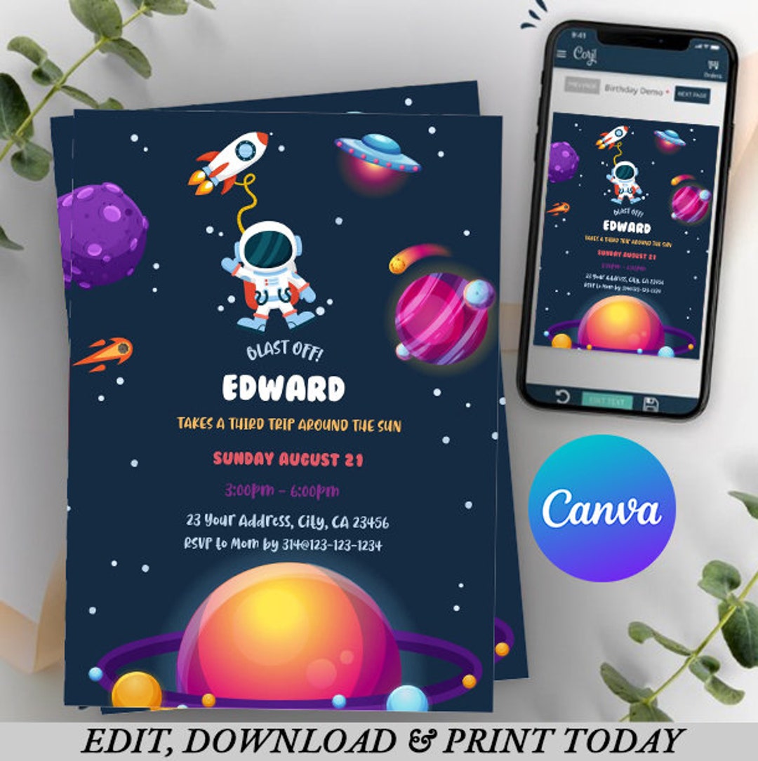 Outer Space Birthday Invitation Template, Planets Rocket Ship Astronaut ...