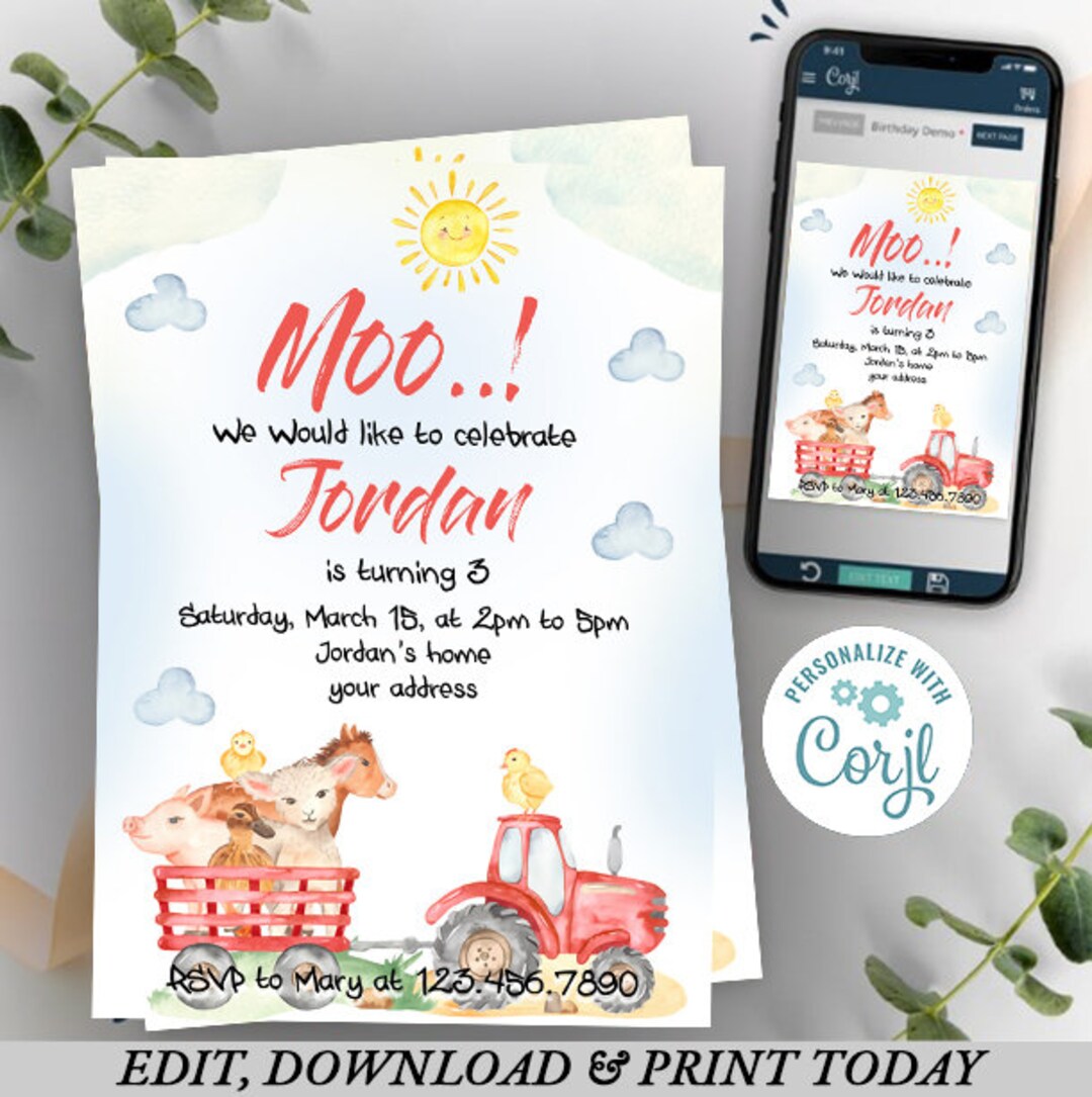 Red Tractor Invitation, Farm Tractor Invitations, Farming Invites ...