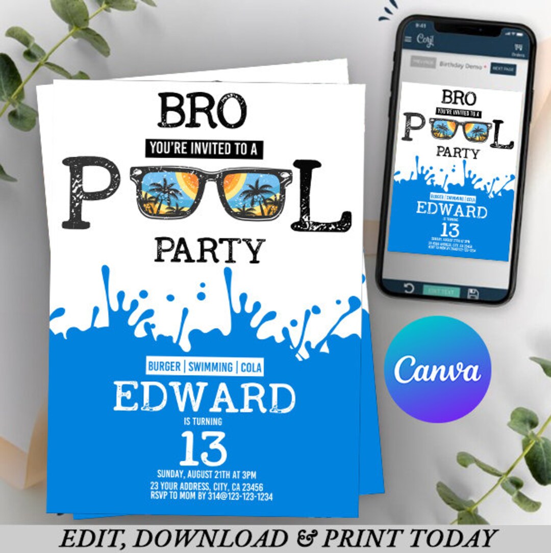 Pool Party Invitation Boy, Teenage Pool Party, Backyard BBQ Invite Idea ...