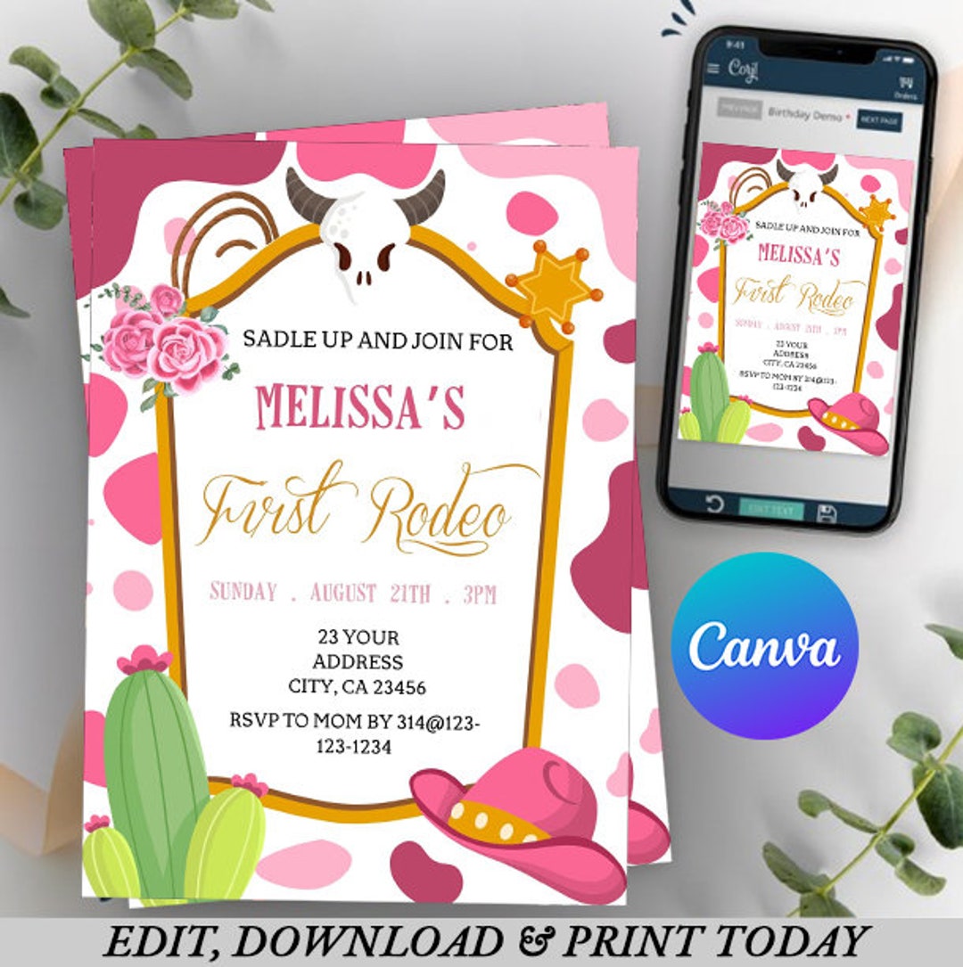 First Rodeo Birthday Invitation Template, Cowgirl Party Birthday ...