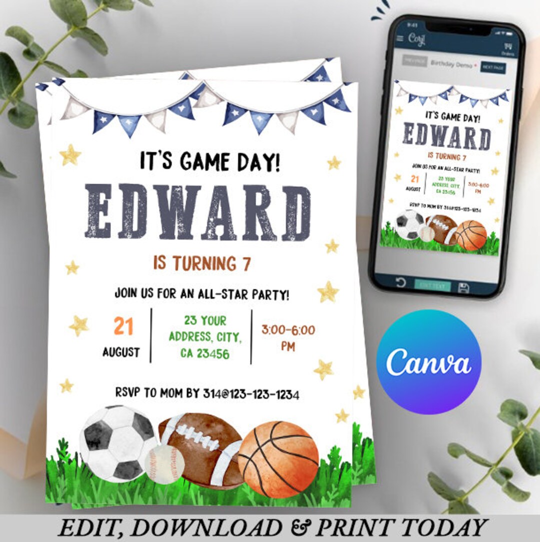 Sports Birthday Invitation, It's Game Day, Sports Party Invitation ...