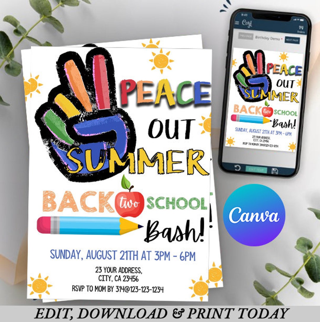 Peace Out Summer Back to School Party Invitation, End of Summer Party ...