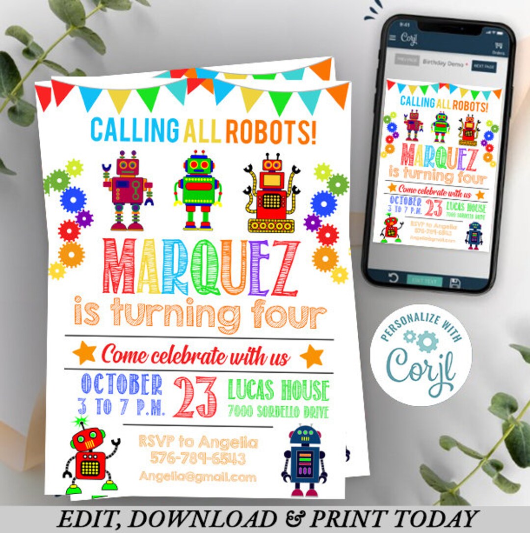 ROBOT INVITATIONS Instant Download, Printable Robot Birthday Invitation ...