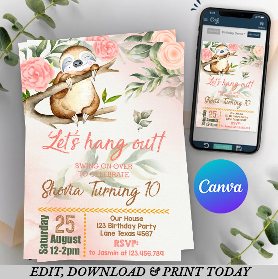 Sloth Girl Birthday Invitation, Lets Hang Out Girl Birthday Invite ...