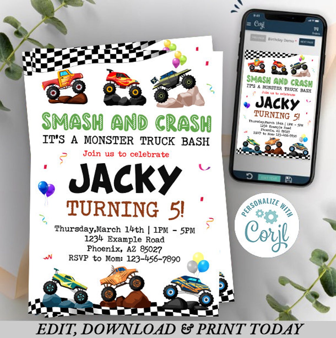 Monster Truck Birthday Invitation Editable Monster Truck - Etsy