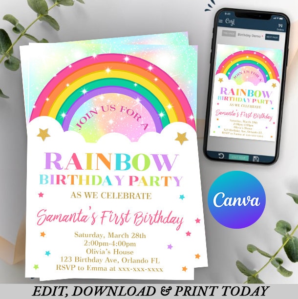 Rainbow Birthday Invitation, Rainbow Invitation, Rainbow Template ...