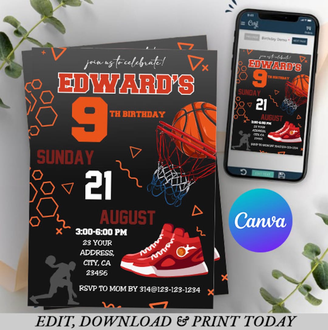 Basketball Birthday Invitation Template Printable, Basketball Birthday ...