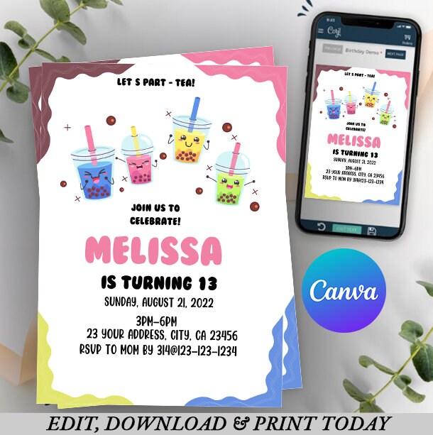 Boba Tea Birthday Invitation, Bubble Tea Birthday Invitation, Par Tea ...