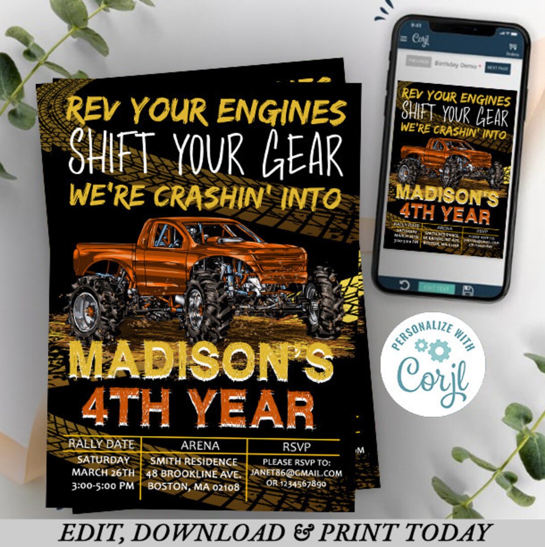Monster Truck Rally 4th Birthday Party Invitation Boys DIY Printable ...