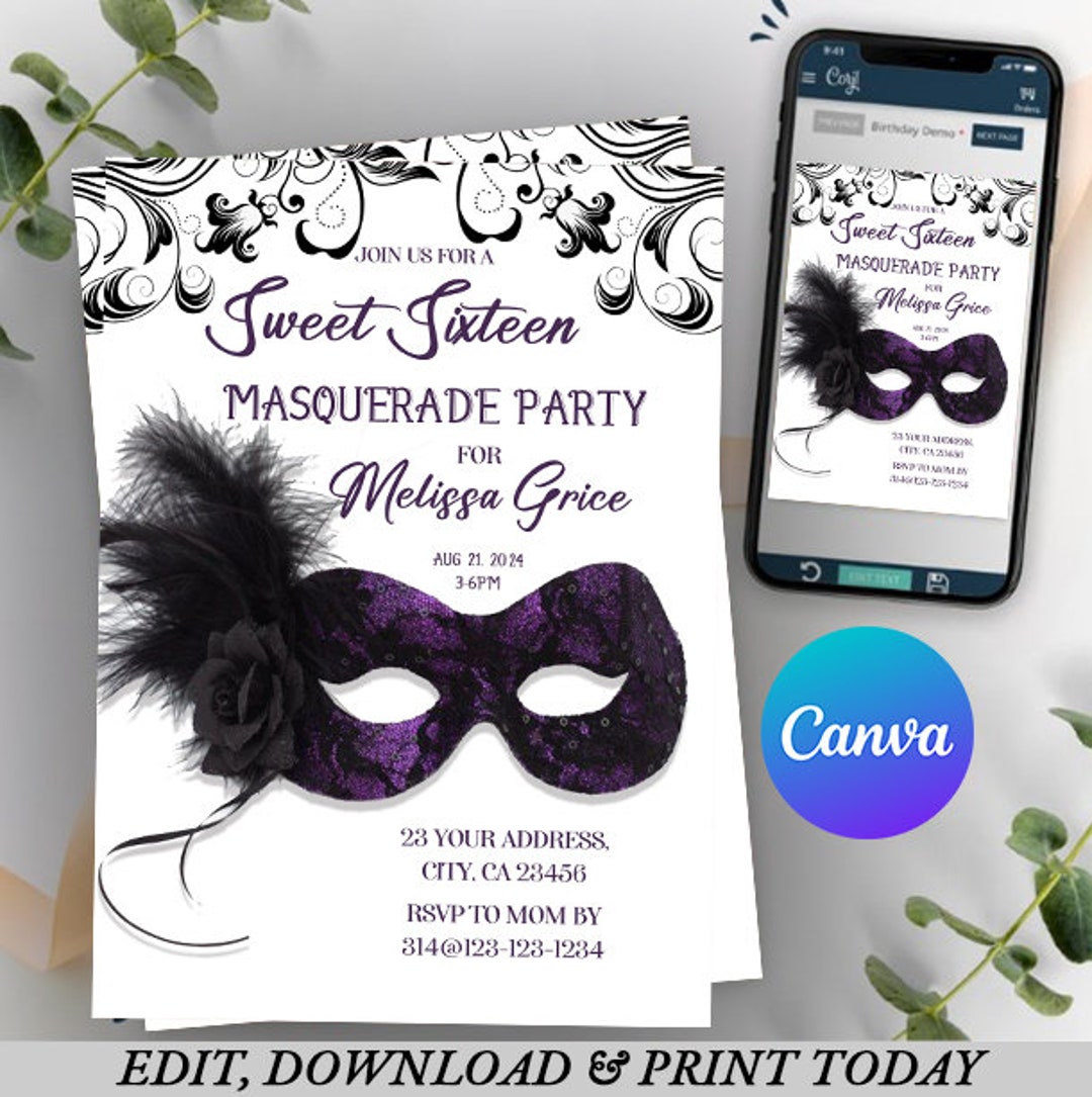 Masquerade Invitation Mask Invite Birthday, Woman Masquerade Birthday ...