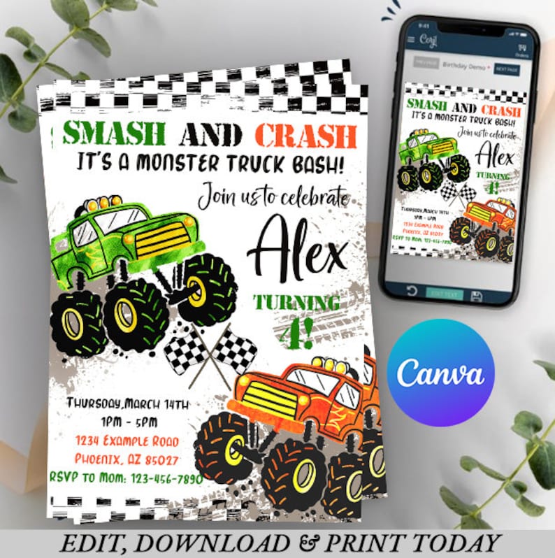 Monster Truck Birthday Invitation EDITABLE Trucks Birthday - Etsy