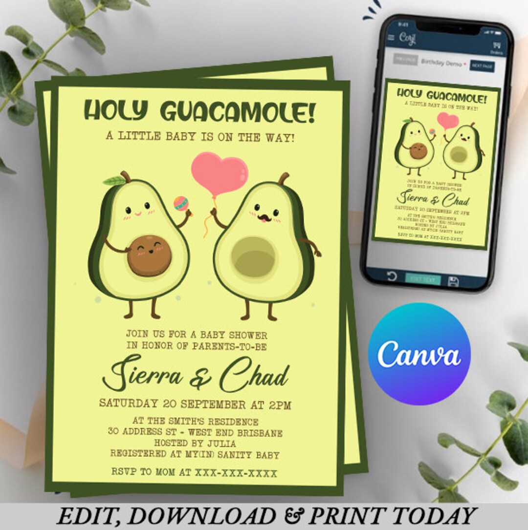 Holy Guacamole Kawaii Avocado Baby Shower Invitation, Editable Avocado ...