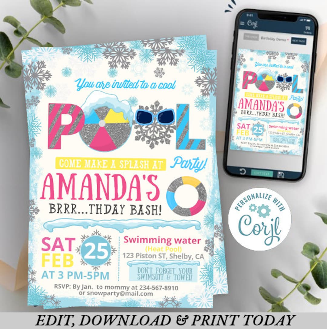 Winter Pool Party Birthday Invitation Snow Swimming Pool Pink ANY Age ...