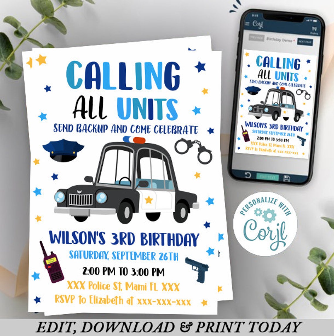 Police Invitation Birthday Party Invite Officer Policeman SWAT - Etsy