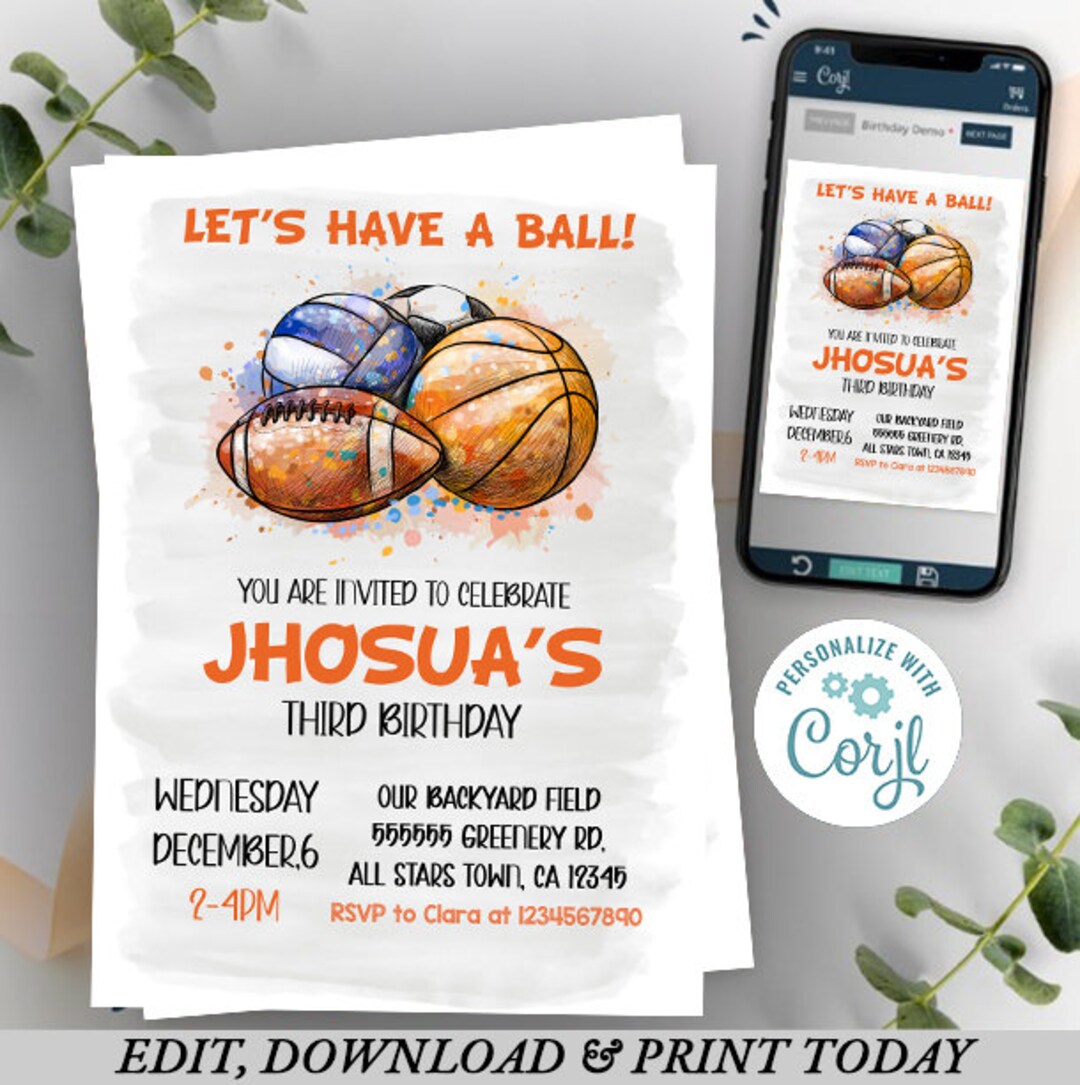 Let's Have a Ball Sports Birthday Invitation Balls All Stars Boy Party ...