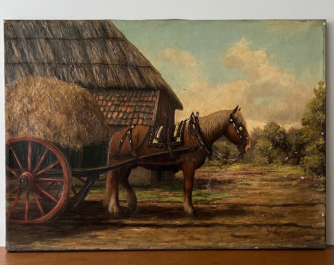 Horse Oil Painting, Farm Landscape With Workhorse and Hay Cart in ...