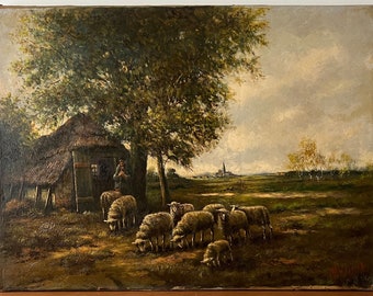Antique Sheep Oil Painting, Shepherd With Sheep, Sheep in Pasture ...