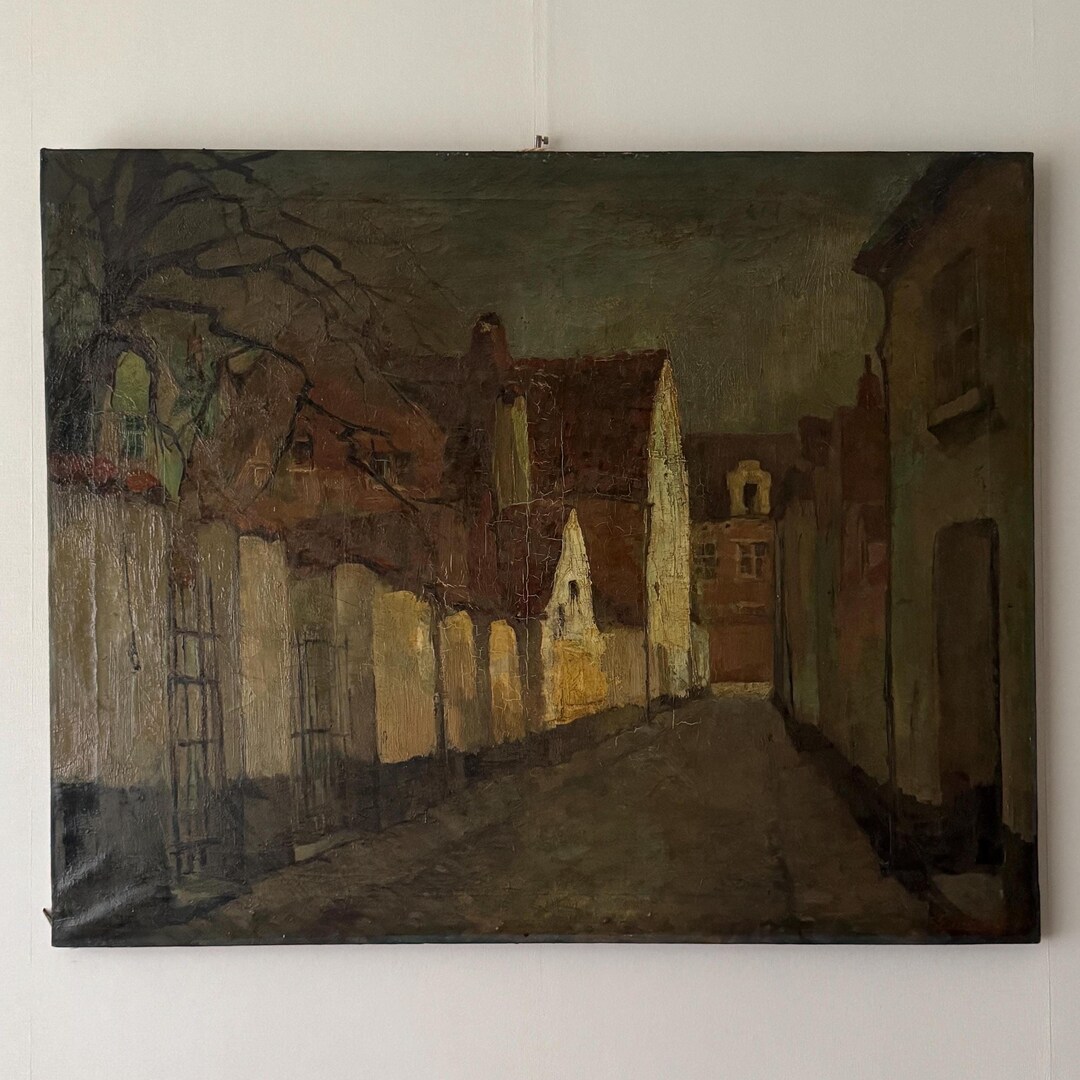 Large Antique Moody Streetscape Oil Painting, Dark Street Scene, Old ...