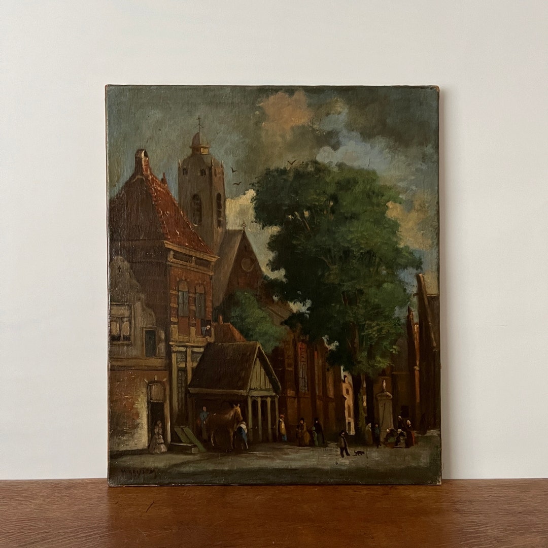 Antique Oil Painting, Moody Streetscape, Dark 19th Century Cityscape ...