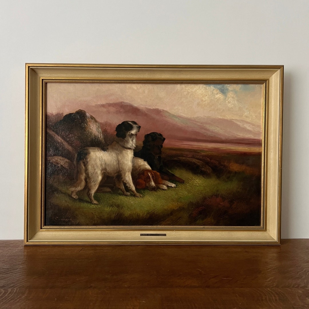 Antique Dogs Oil Painting, Hunting Dogs in Landscape, 19th Century Antique Oil Painting, Signed ...