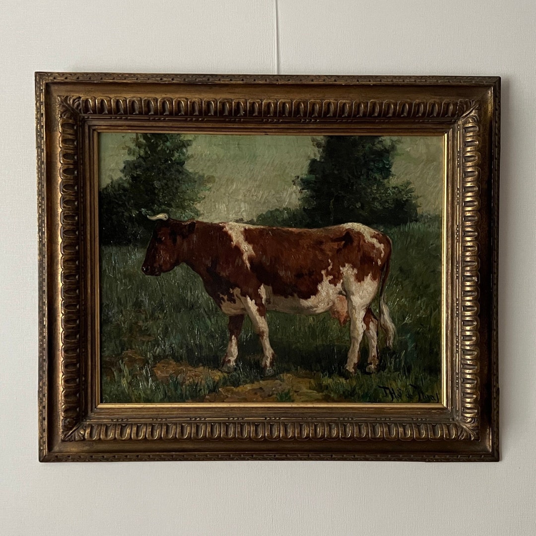 Antique Cow Oil Painting, Landscape With Cow, Cow Portrait Study ...