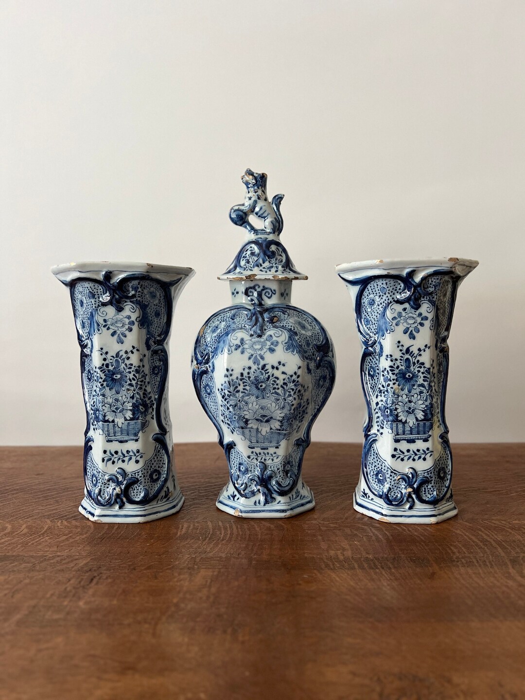 18th Century Dutch Delftware 3-piece Garniture, Lidded Vase Set, Blue ...