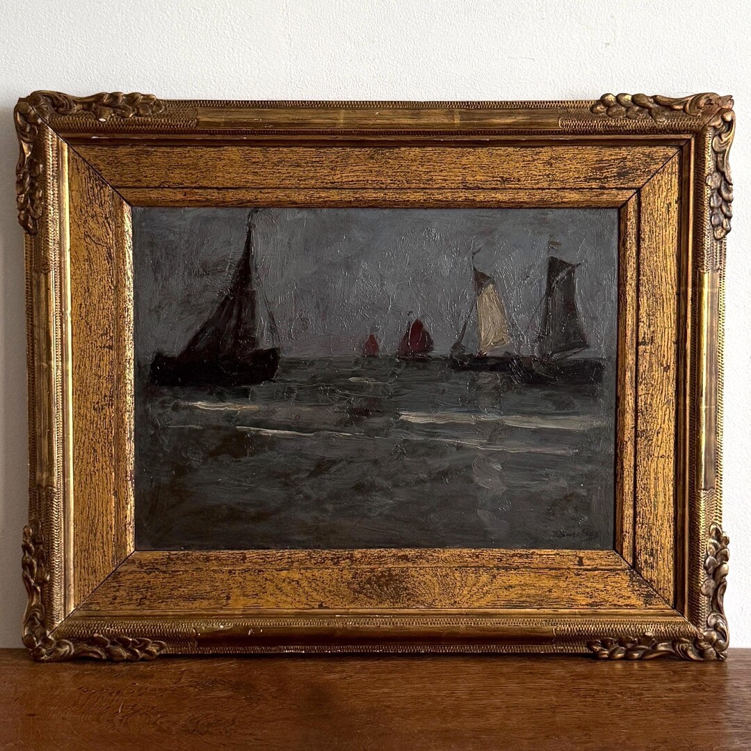Antique Seascape Oil Painting, Sailboats at Sea, Original 1900s Art ...