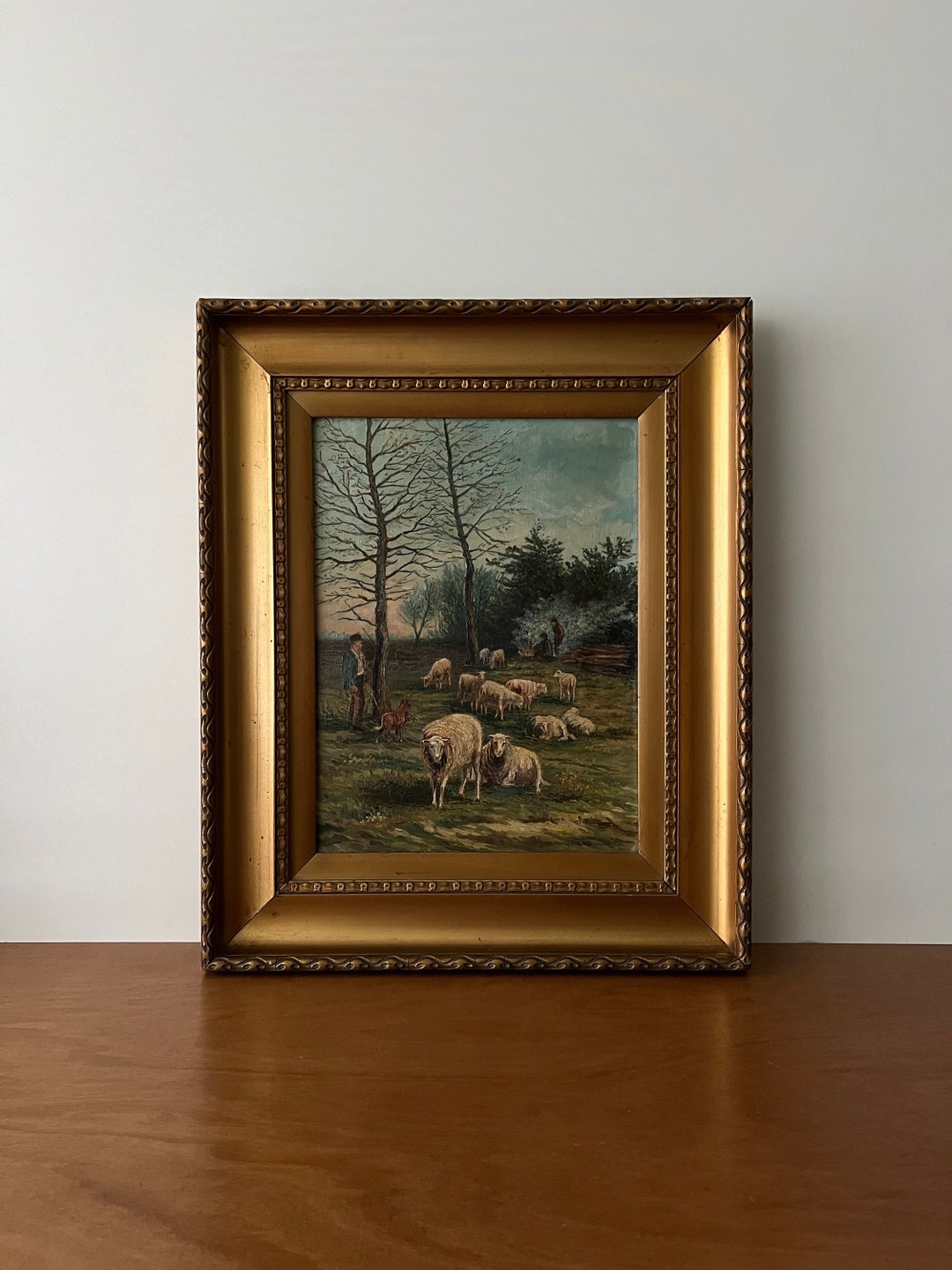 Antique Sheep Oil Painting, Shepherd Oil Painting, Farmer With Sheep ...