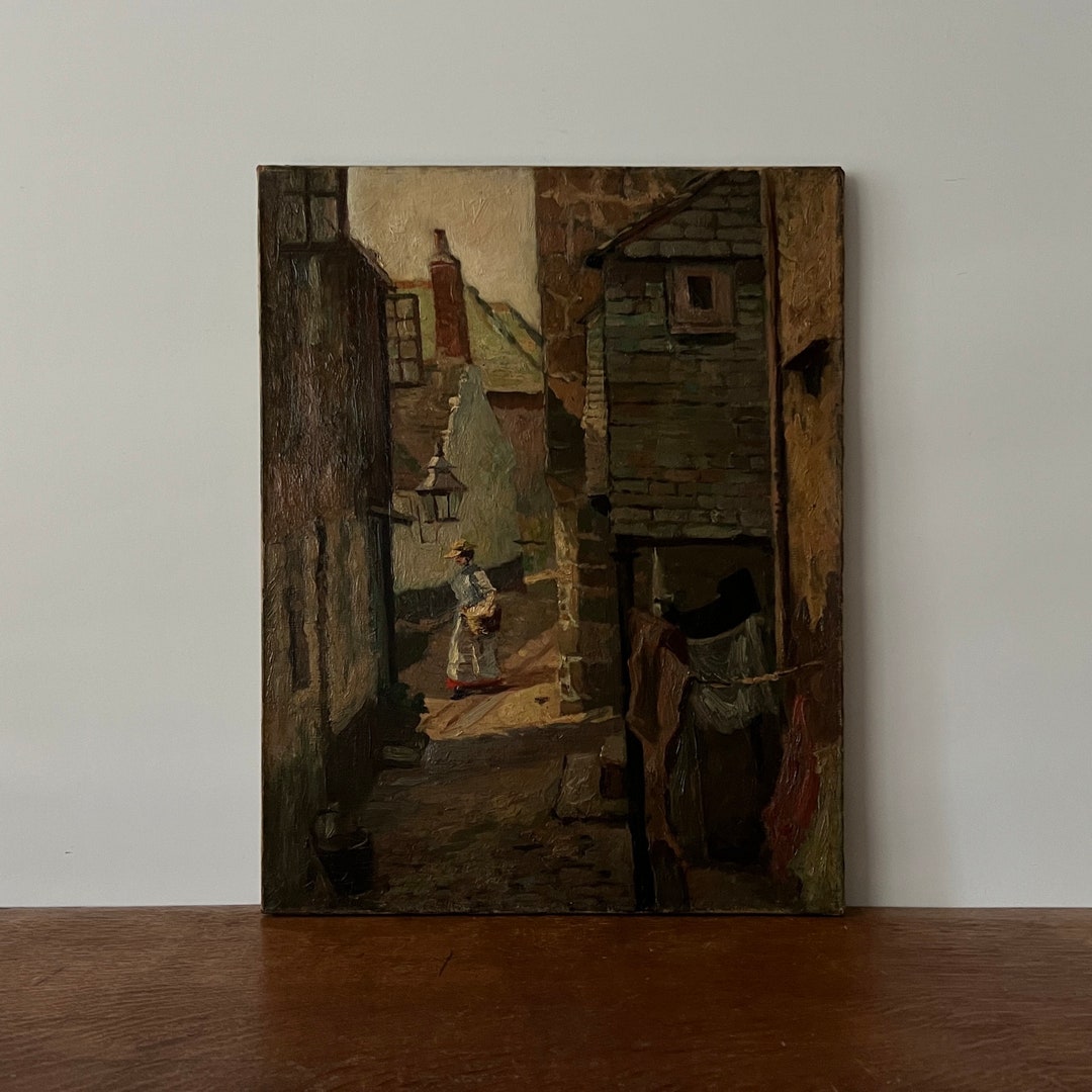 19th Century Antique Streetscape Oil Painting, Dark Moody Village Scene ...
