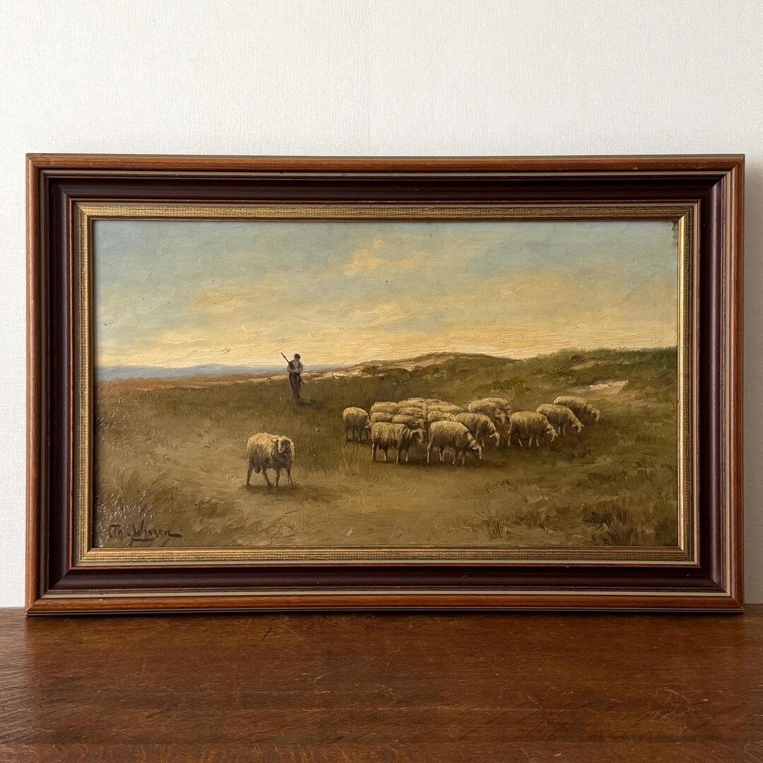 Antique Sheep Oil Painting, Shepherd Oil Painting, Landscape Oil ...