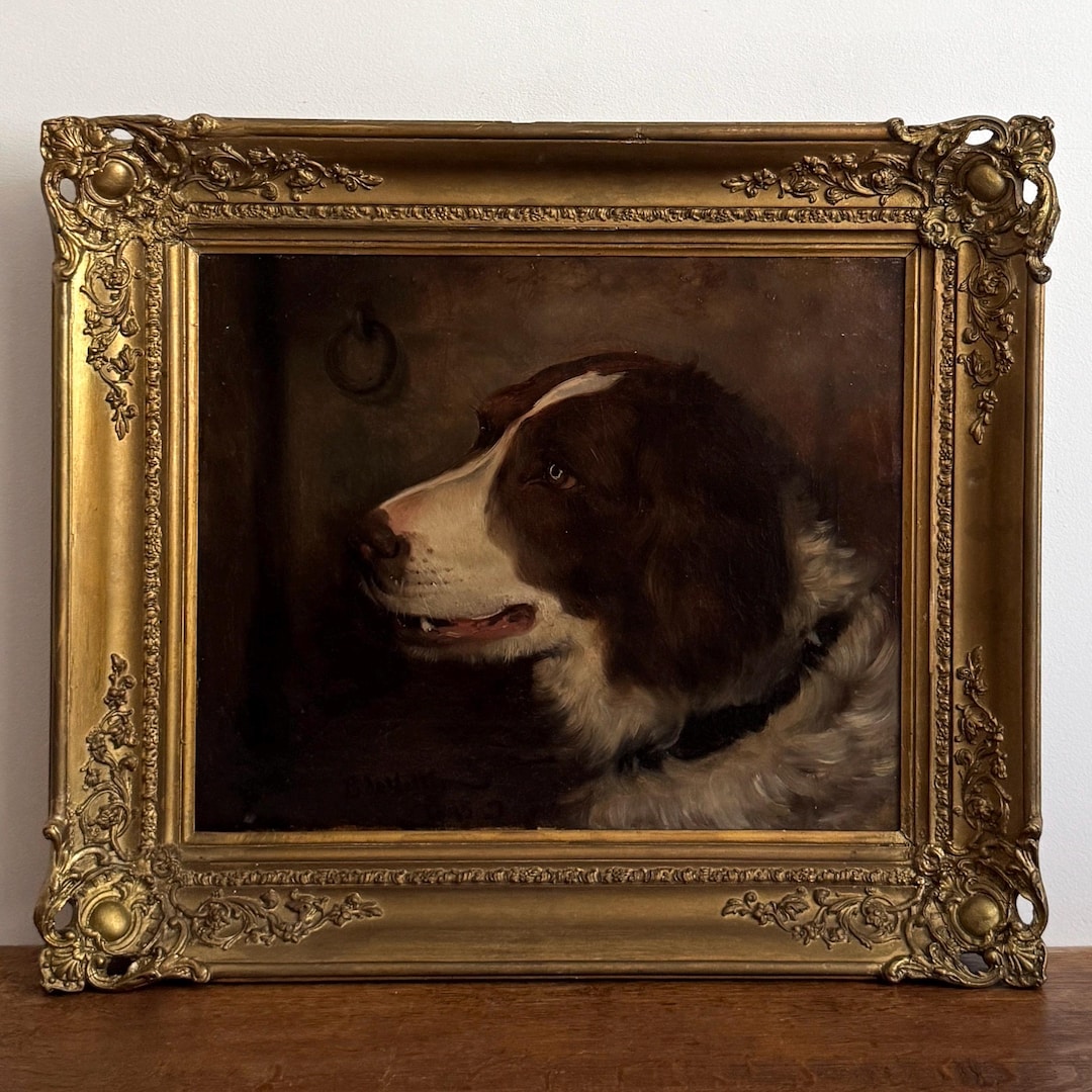 Antique Springer Spaniel Oil Painting: 19th Century Dog Portrait, Gold ...