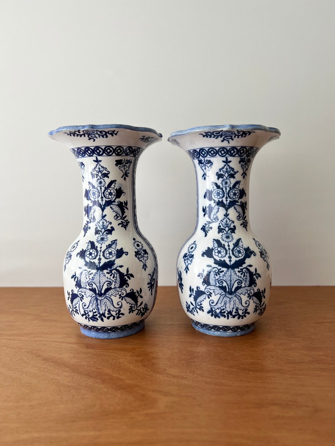 Large Antique Delfts Blue and White Vases, Pair of Two Flower Vases ...