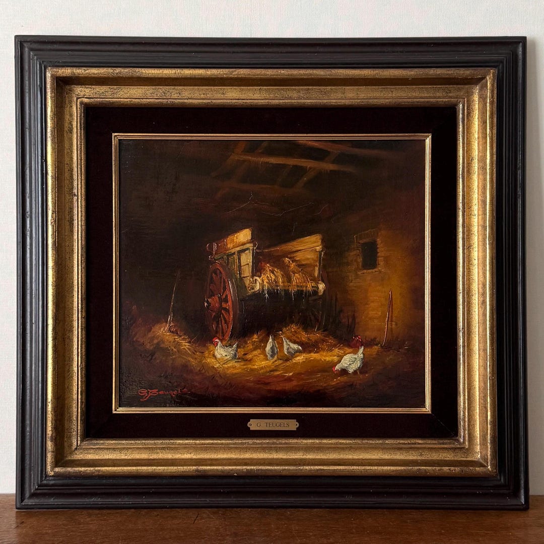 Chickens Oil Painting, Dark Barn Scene With Chickens and Hay Cart ...