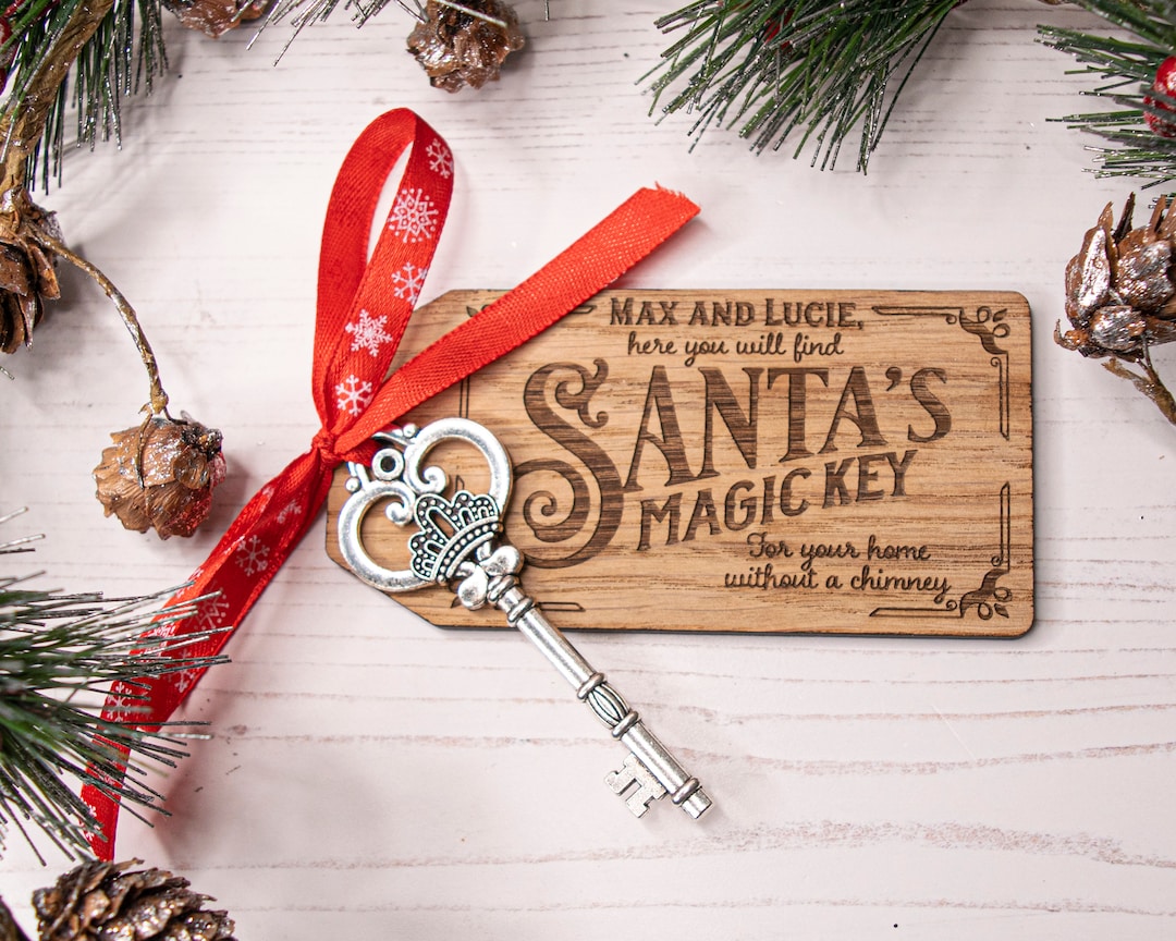 Santa's Magic Key Tag, Silver Santa Magic Key With Wooden Tag, Engraved ...
