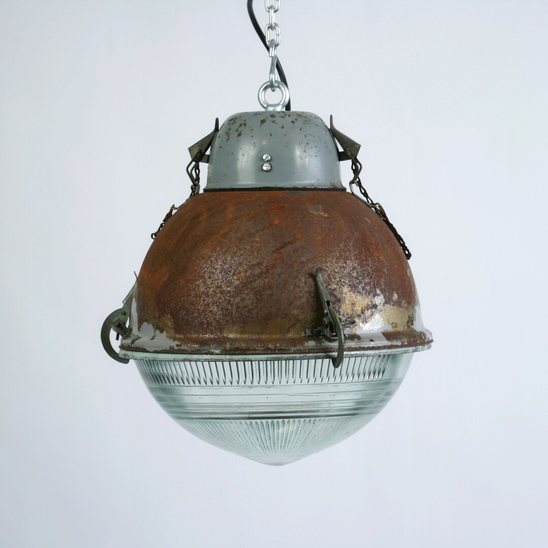 Vintage USSR Industrial Pendant Light: Rusted Steel & Prismatic Glass ...